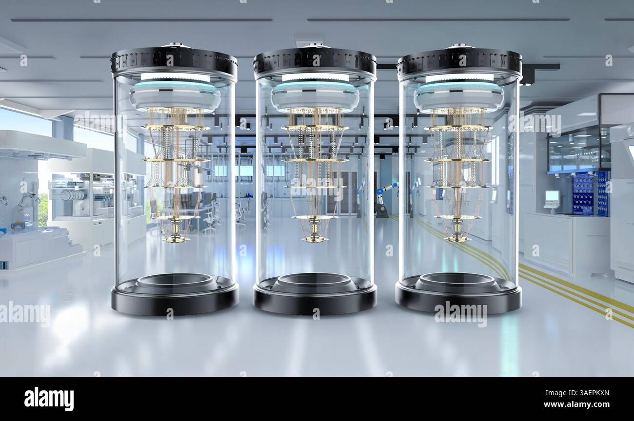 3d rendering group of quantum computer machines in shield capsules at laboratory Stock Photo - Alamy