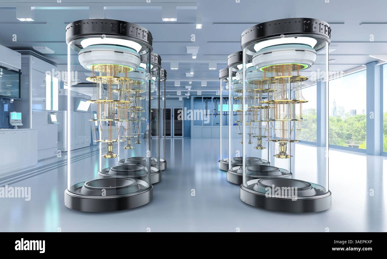 3d rendering group of quantum computer machines in shield capsules at ...