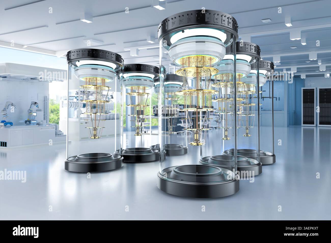 3d rendering group of quantum computer machines in shield capsules at ...