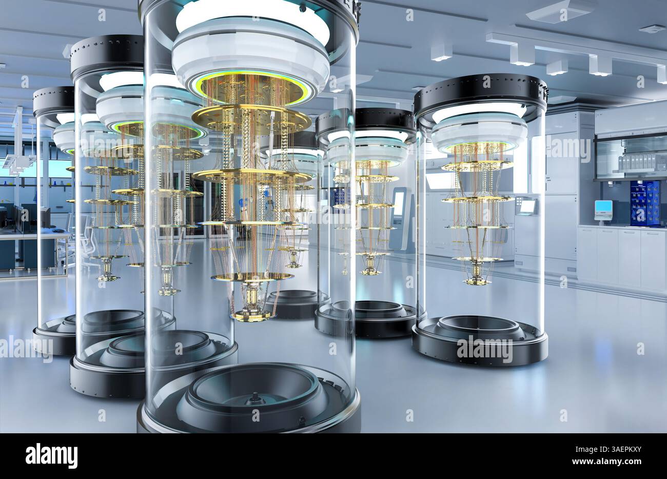 3d rendering group of quantum computer machines in shield capsules at ...