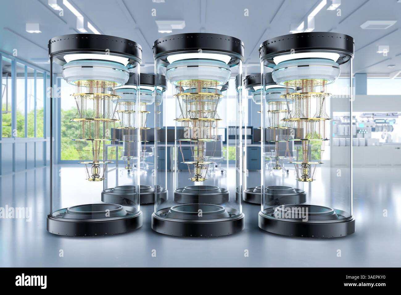 3d rendering group of quantum computer machines in shield capsules at laboratory Stock Photo - Alamy