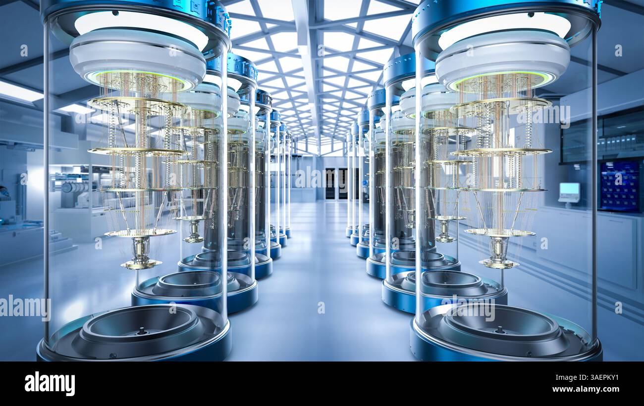 3d rendering group of quantum computer machines in shield capsules at ...