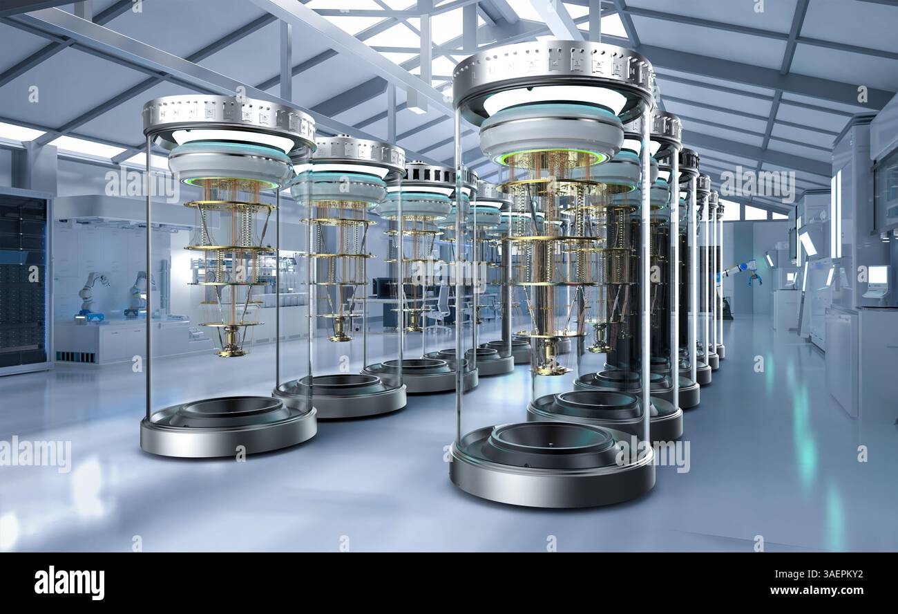 3d rendering group of quantum computer machines in shield capsules at ...