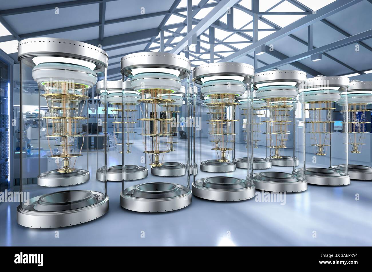 3d rendering group of quantum computer machines in shield capsules at laboratory Stock Photo - Alamy