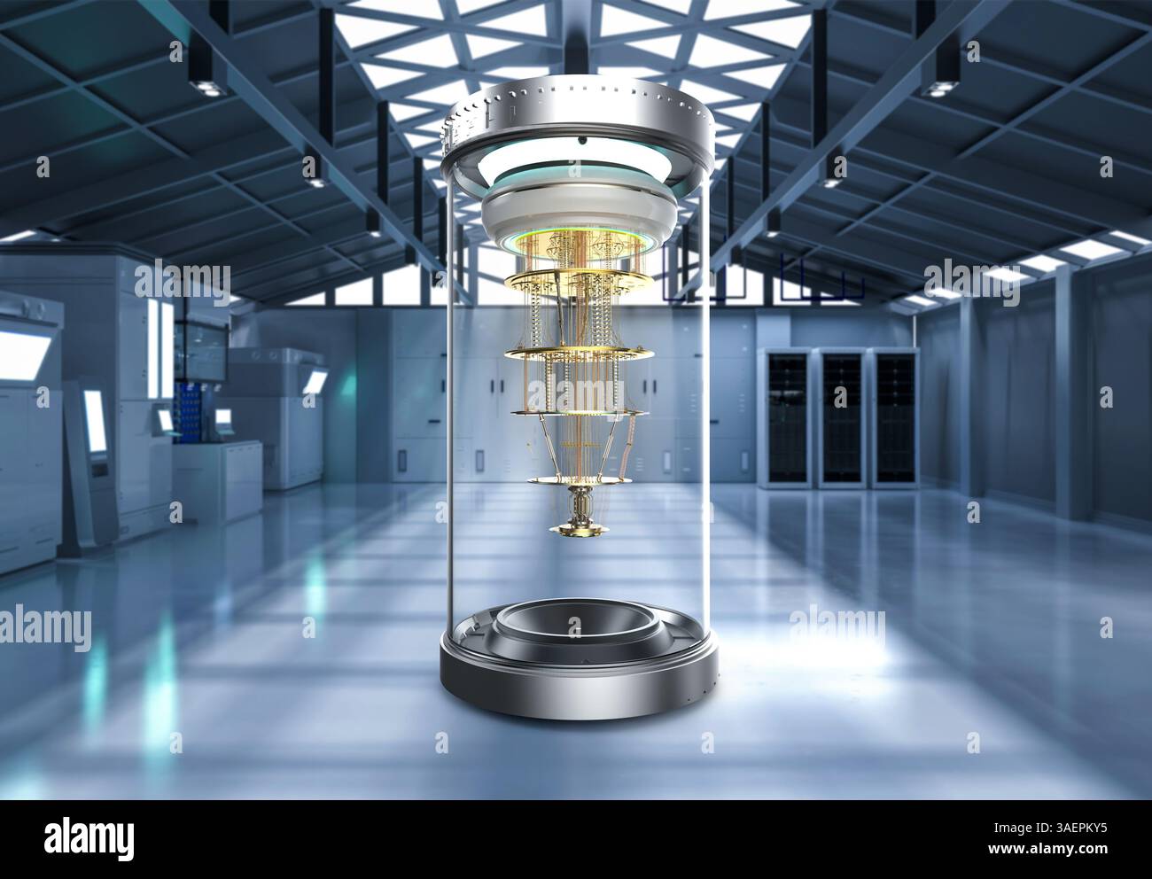 3d rendering group of quantum computer machines in shield capsules at ...