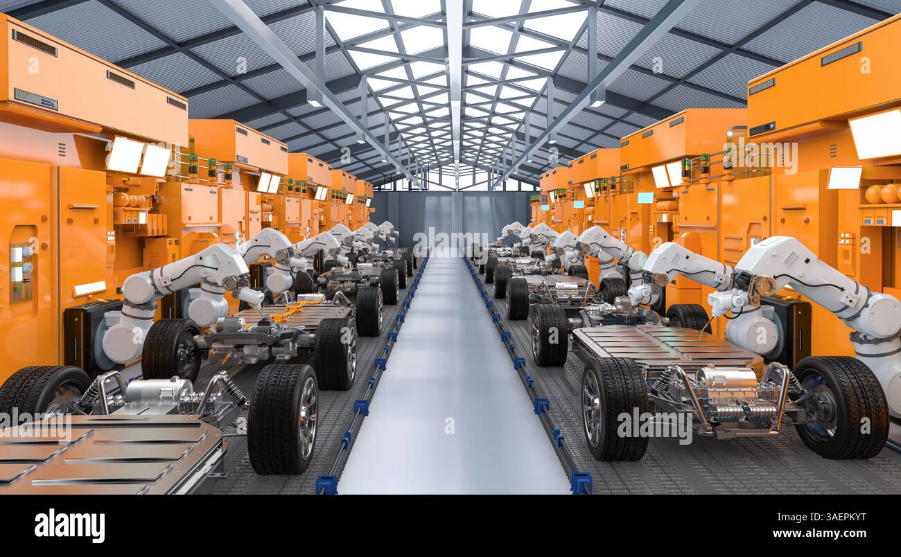 Automation Automobile Factory With 3d Rendering Robot Assembly Line