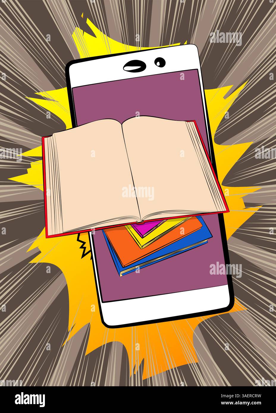 Cartoon Smartphone, comic book Telephone with Book. Retro vector comics ...