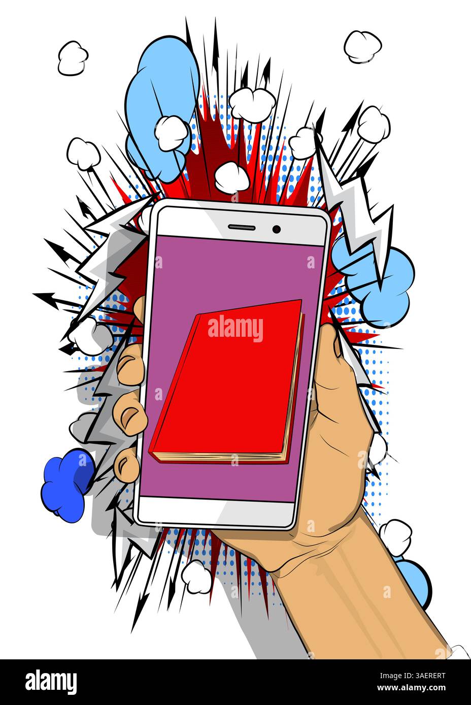 Cartoon Smartphone, comic book Telephone with Book. Retro vector comics ...