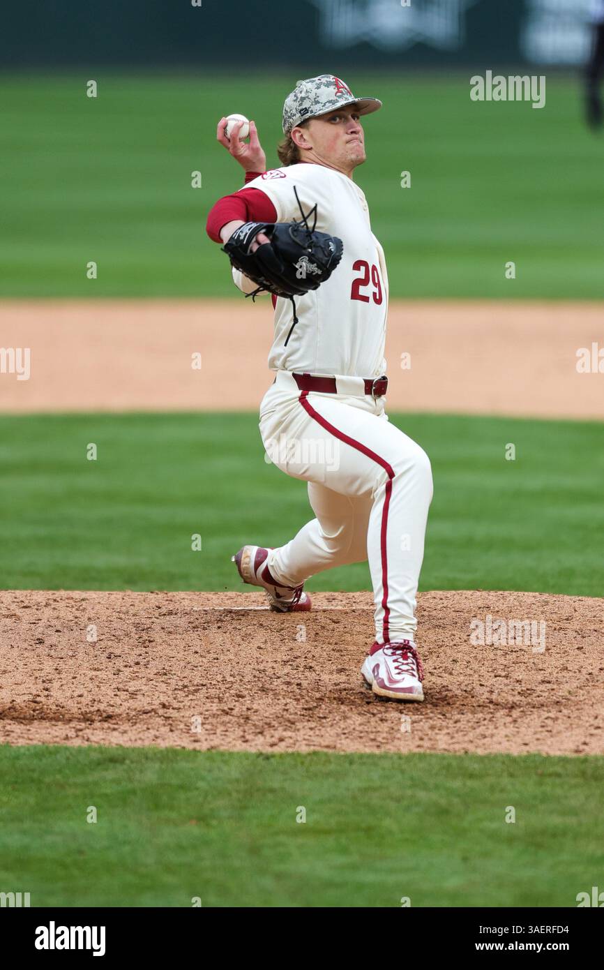 April 6, 2025: Cole Gibler (29) pitcher for Arkansas prepares to ...