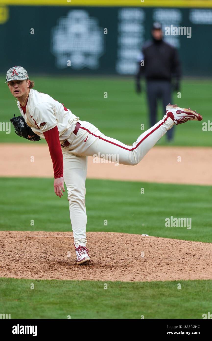 April 6, 2025: Razorback pitcher Cole Gibler (29) finishes his pitching ...