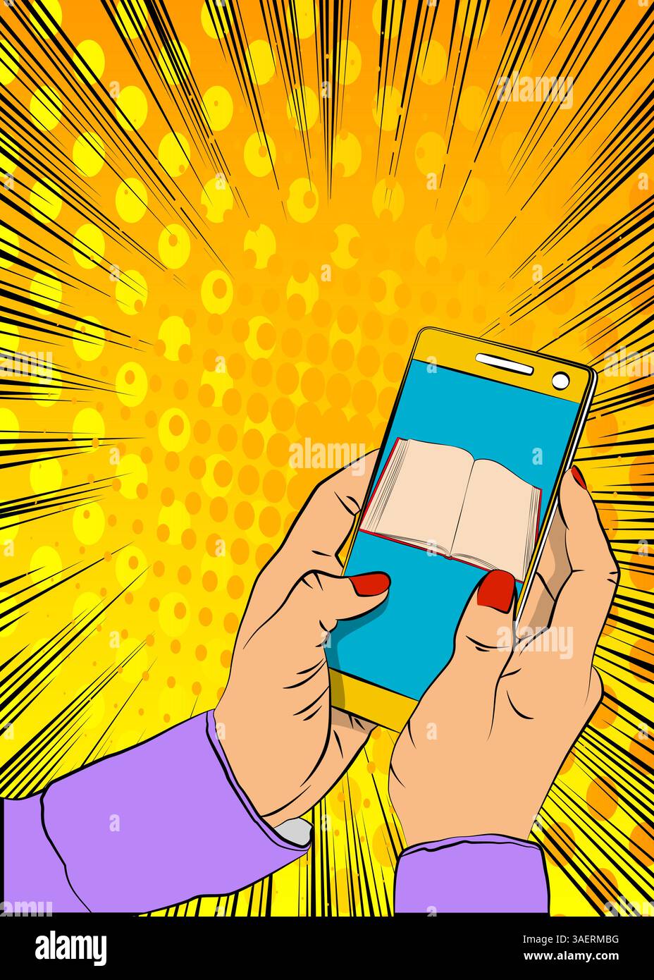 Cartoon Smartphone, comic book Telephone with Book. Retro vector comics ...