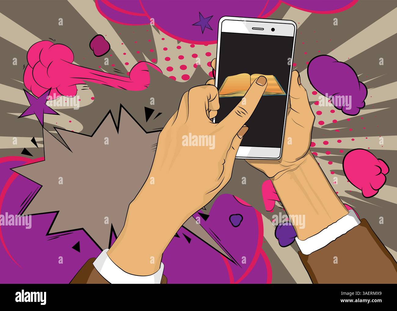 Cartoon Smartphone, comic book Telephone with Book. Retro vector comics ...