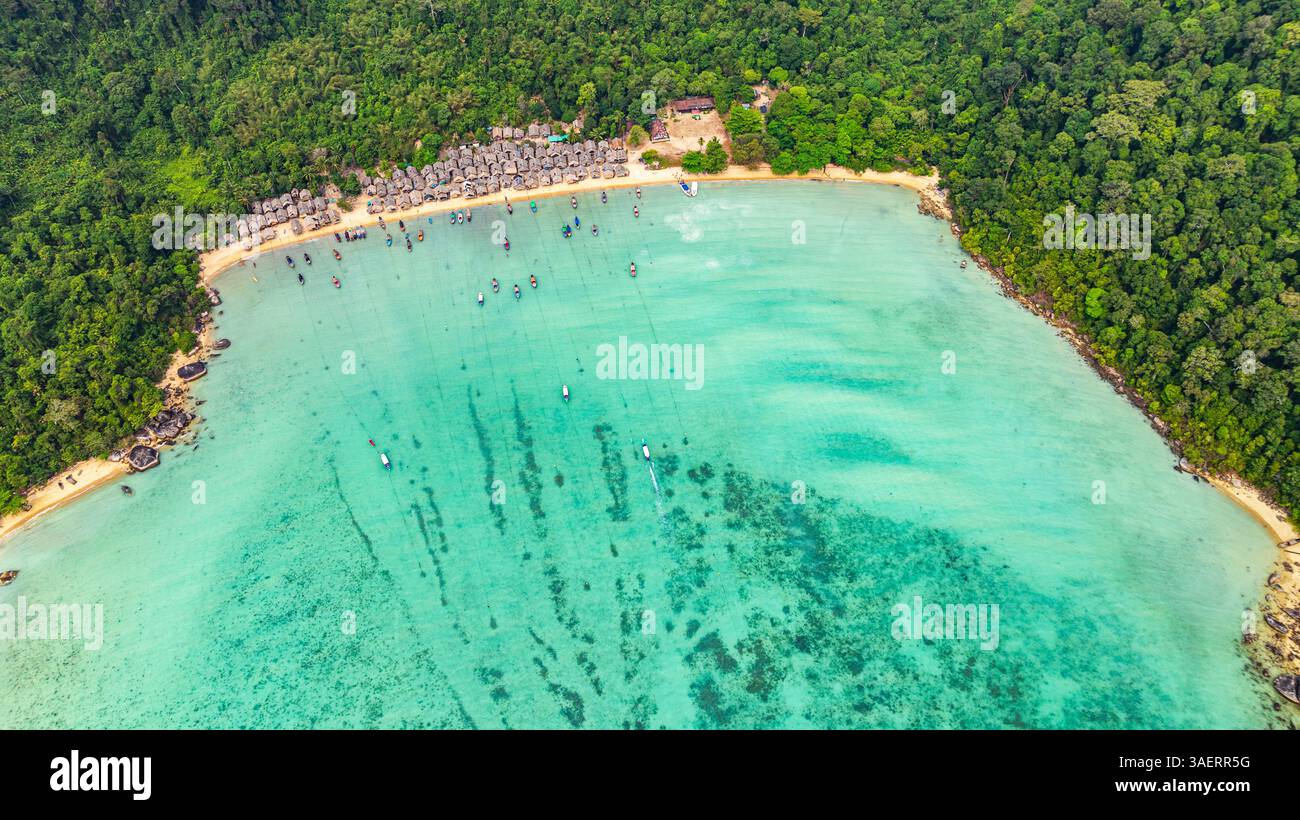 Aerial view of Morgan Village hidden in natural beauty on Surin island ...