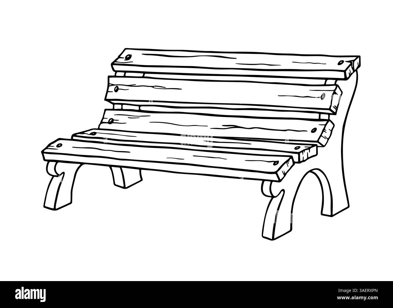 An old time damaged wooden park bench with massive metal legs. Outline ...