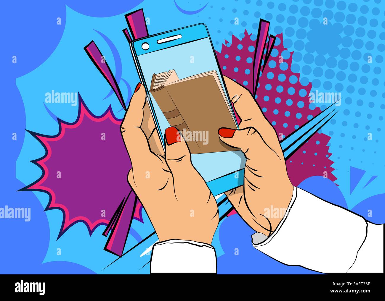 Cartoon Smartphone, comic book Telephone with Book. Retro vector comics ...