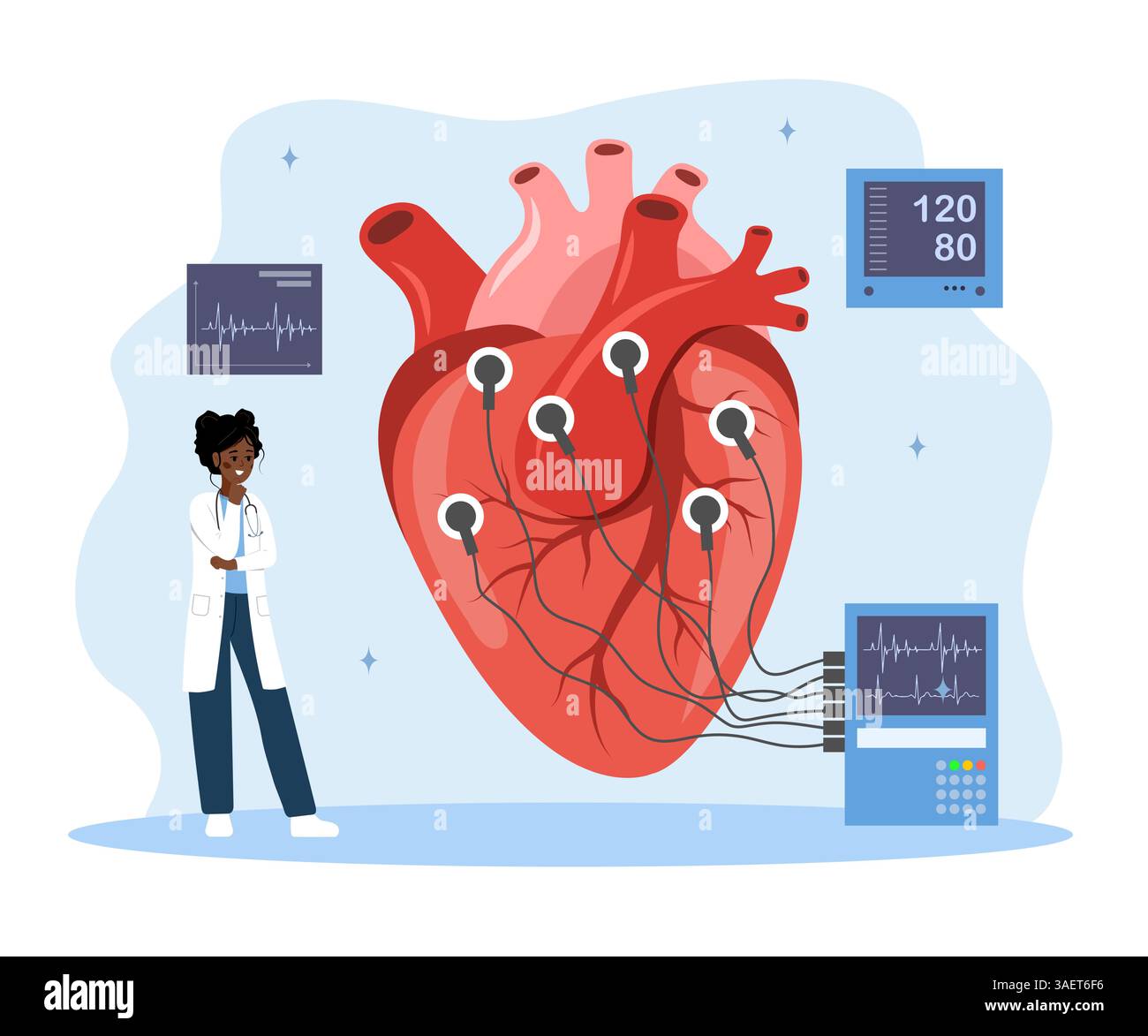 Cardiology concept. African Female doctor check ECG, EKG, cardiogram ...