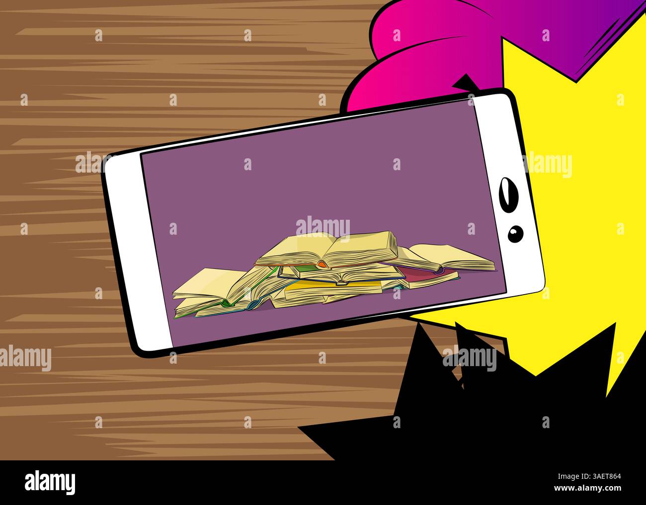 Cartoon Smartphone, comic book Telephone with Book. Retro vector comics ...