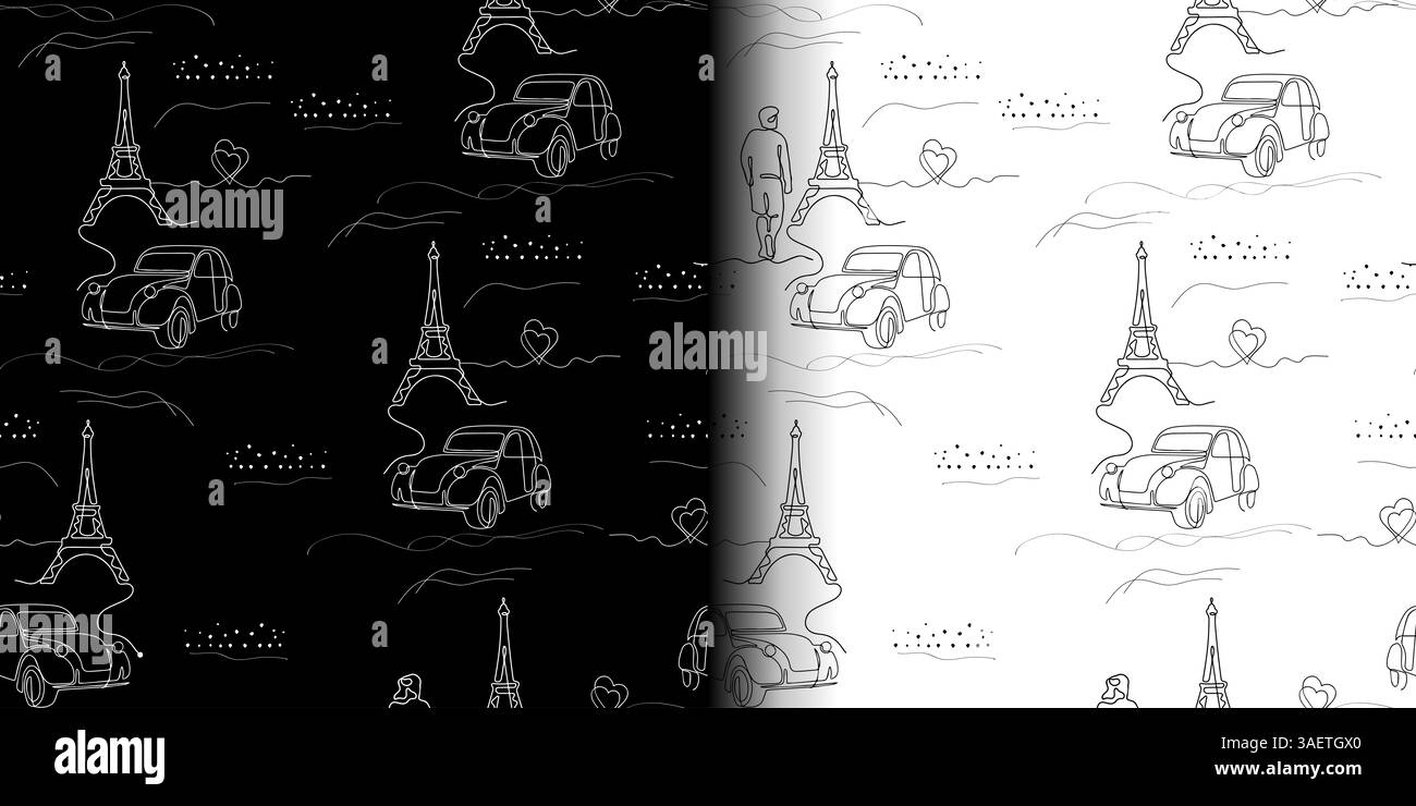 Charming Parisian-themed pattern featuring line art of the Eiffel Tower ...