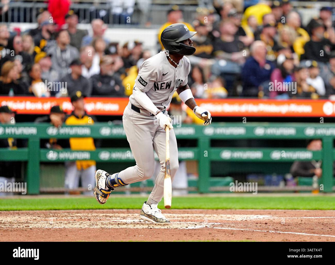 PITTSBURGH, PA - APRIL 04: New York Yankees second baseman Jazz Chisholm Jr. (13) uses a torpedo ...