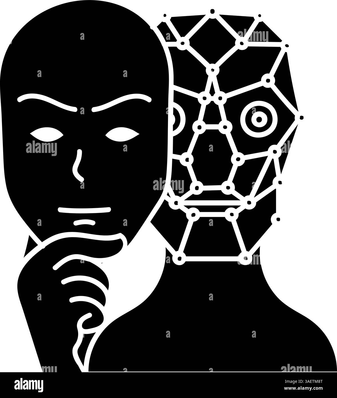 Deep fake concept robot wearing human face mask black hand drawn icon ...