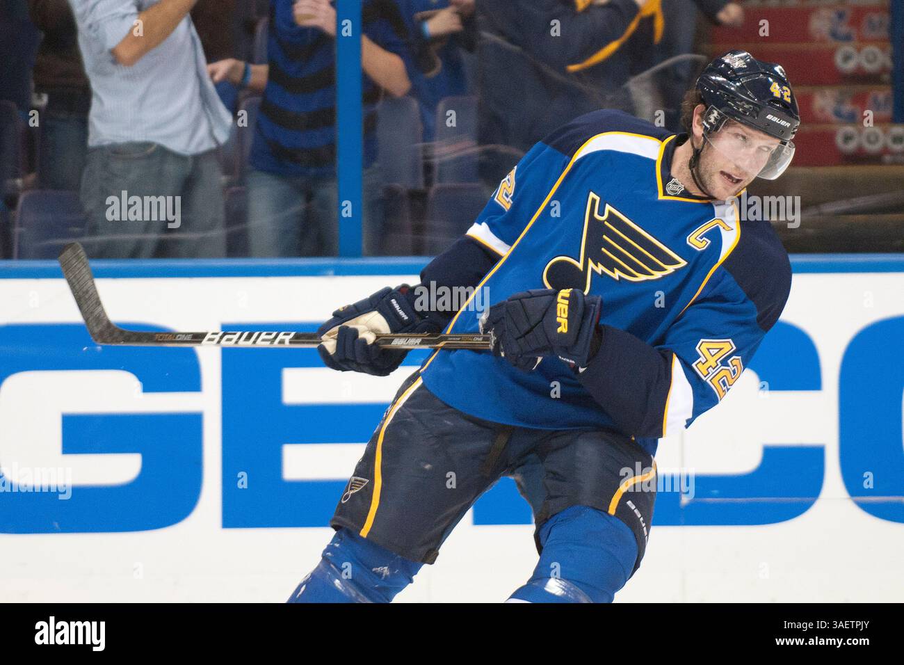 David Backes (42) of the St. Louis Blues skates back to the bench after ...