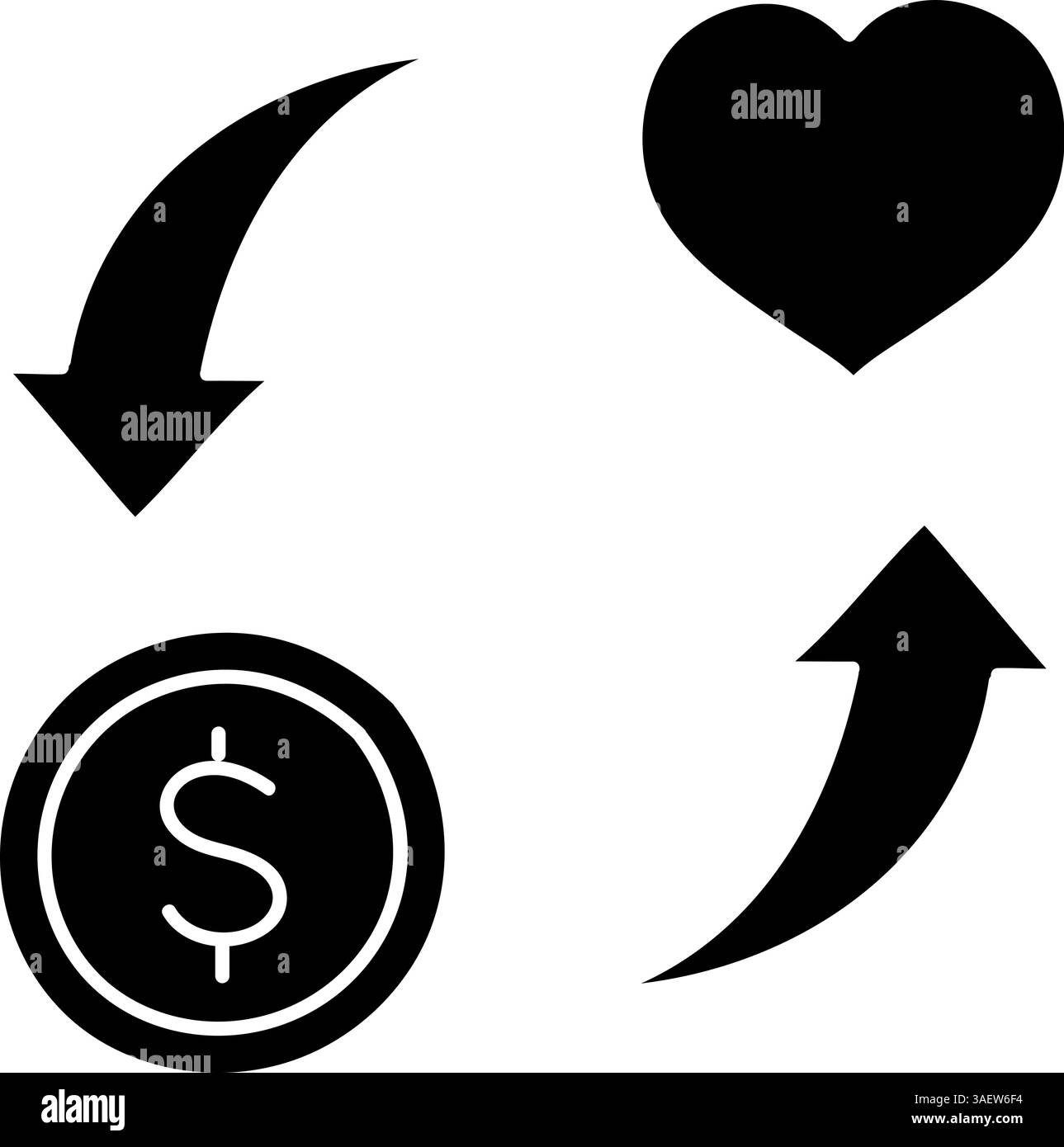 Coin and heart shape and rotating arrows black hand drawn icon Stock ...