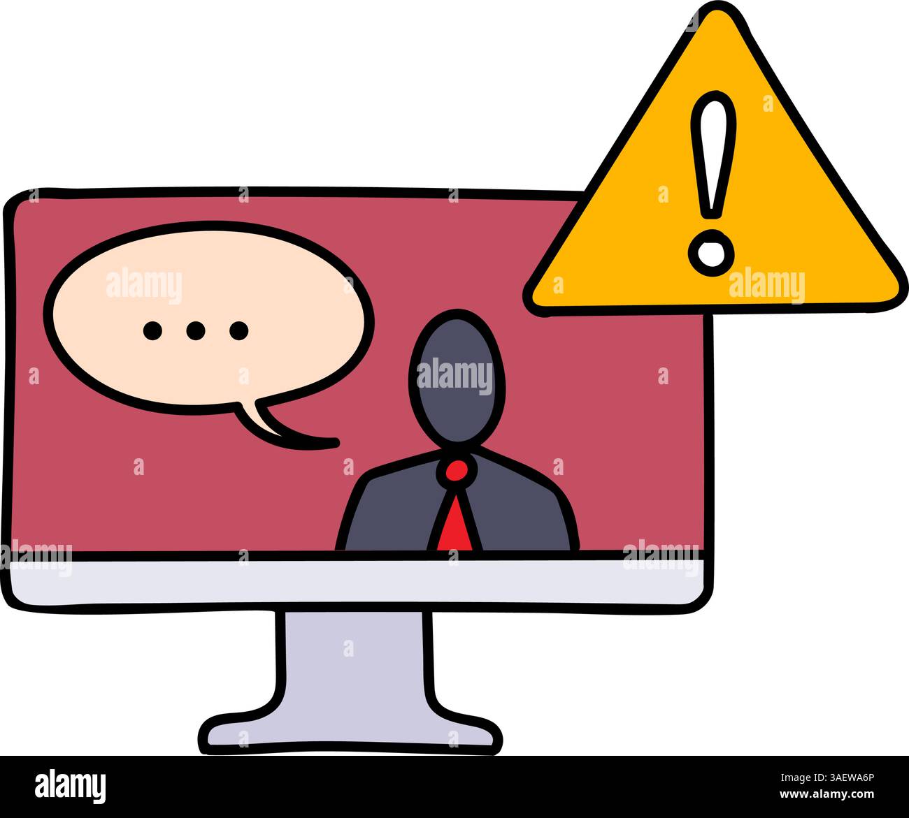 fake news warning computer monitor with sign hand drawn color vector ...