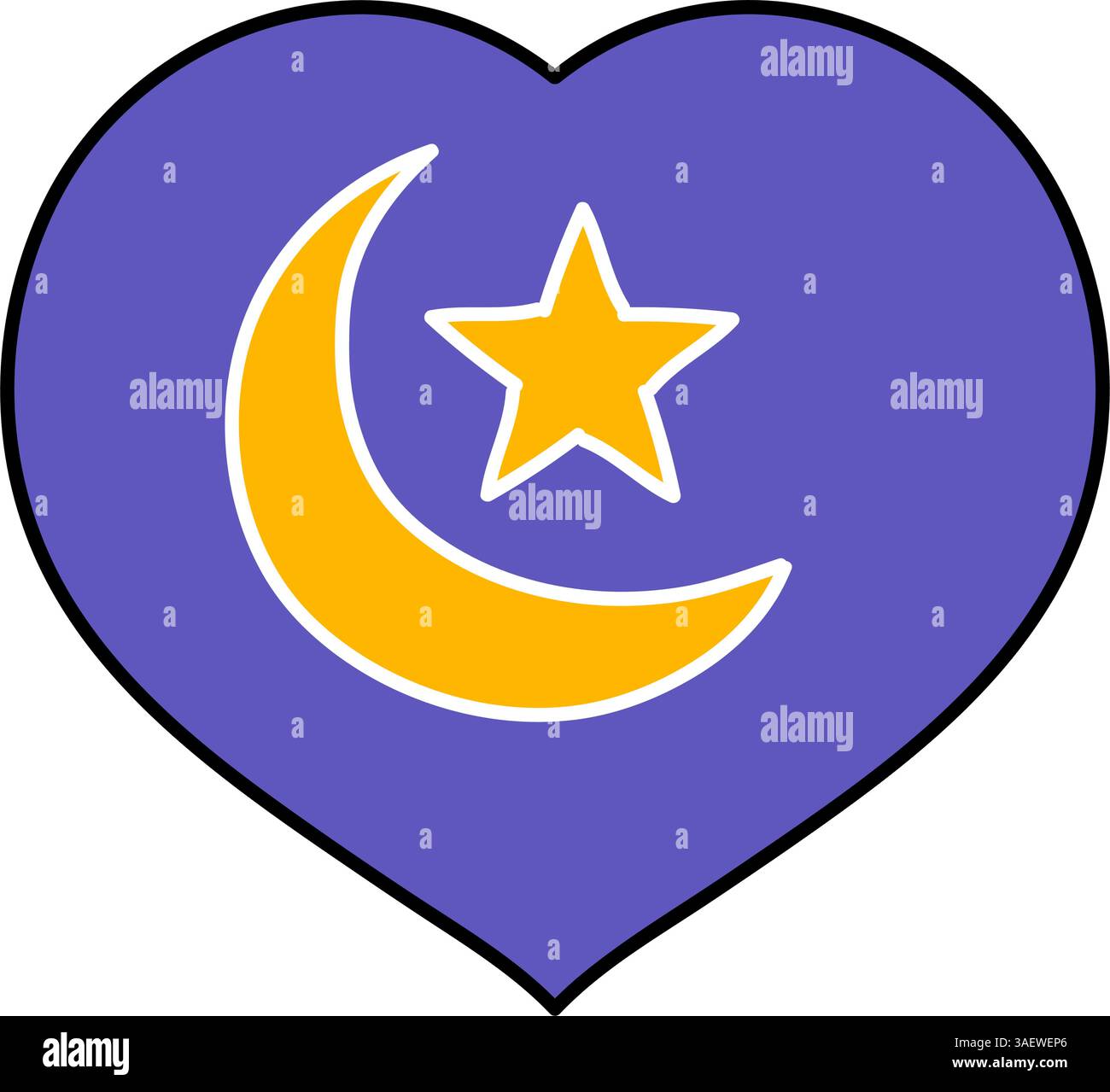 crescent star inside heart shape hand drawn color vector illustration ...
