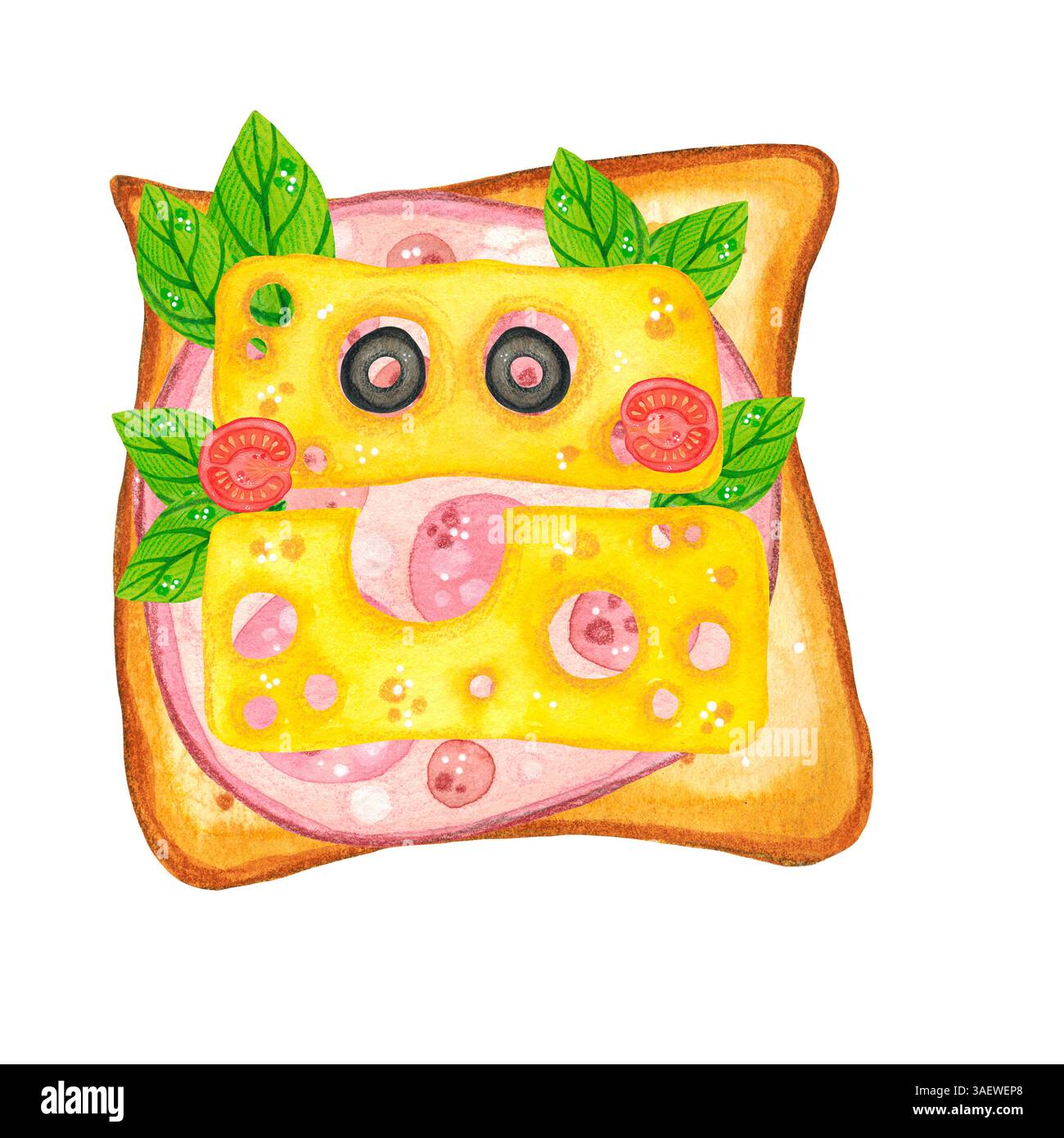 Hand drawn watercolor illustration. Funny sandwich, funny face made of ...