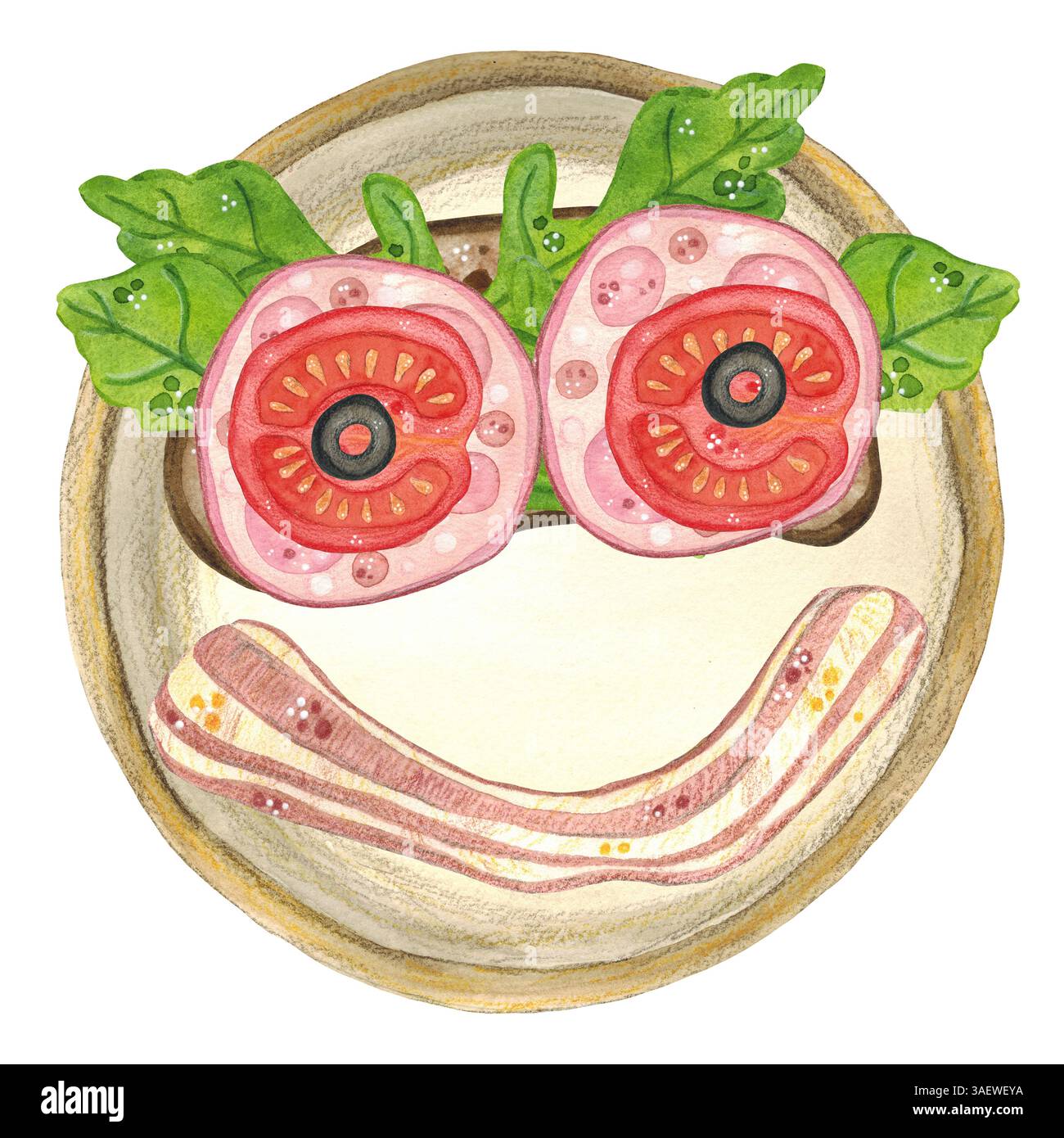 Hand drawn watercolor illustration. Funny breakfast. Food, face, plate ...