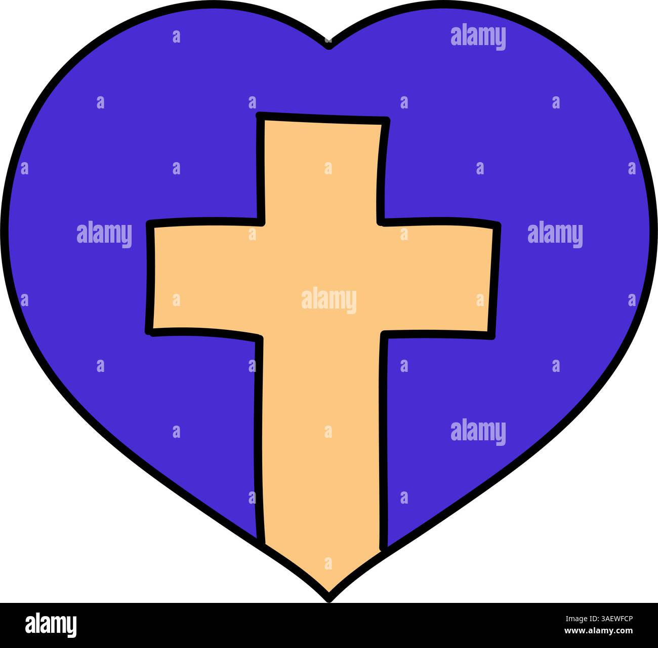 christian cross inside heart shape hand drawn color vector illustration ...