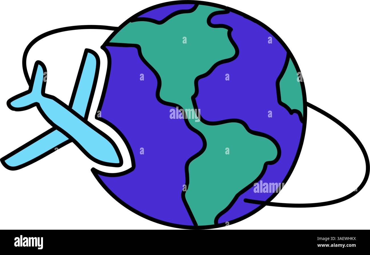 airplane orbiting earth hand drawn color vector illustration Stock ...