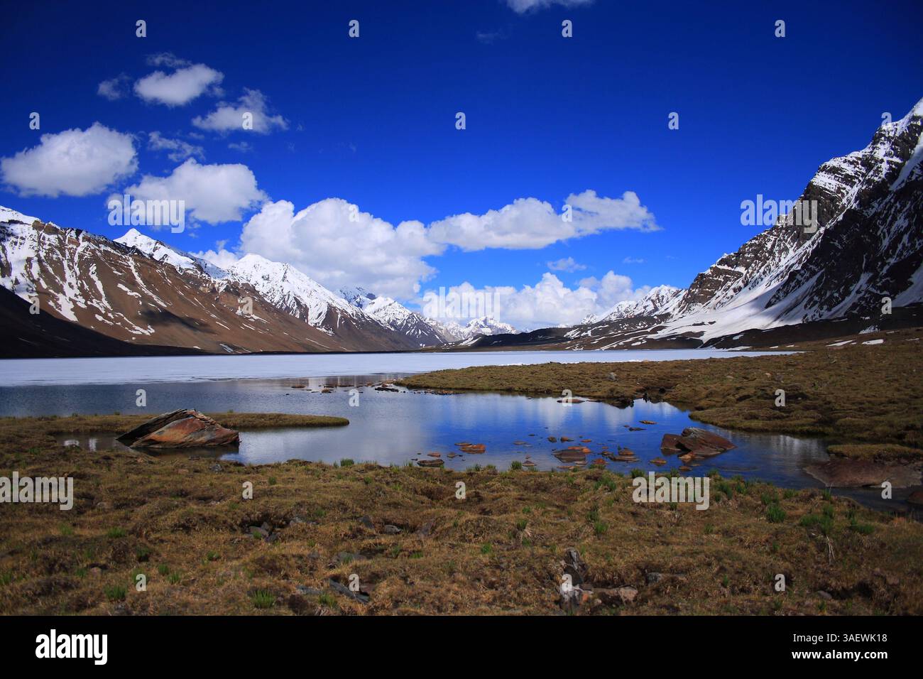 A wide angle panoramic and majestic view of half frozen Karomber Lake ...