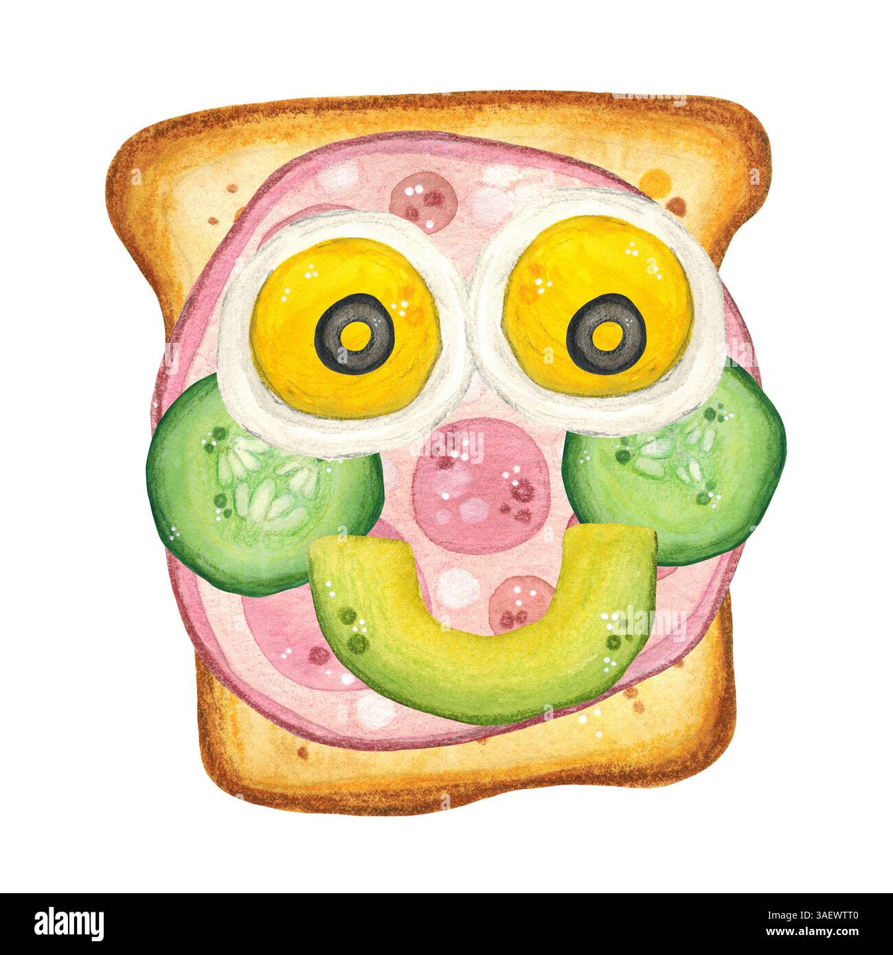 Fun breakfast, funny sandwich made of bread, avocado, ham, olives, eggs ...