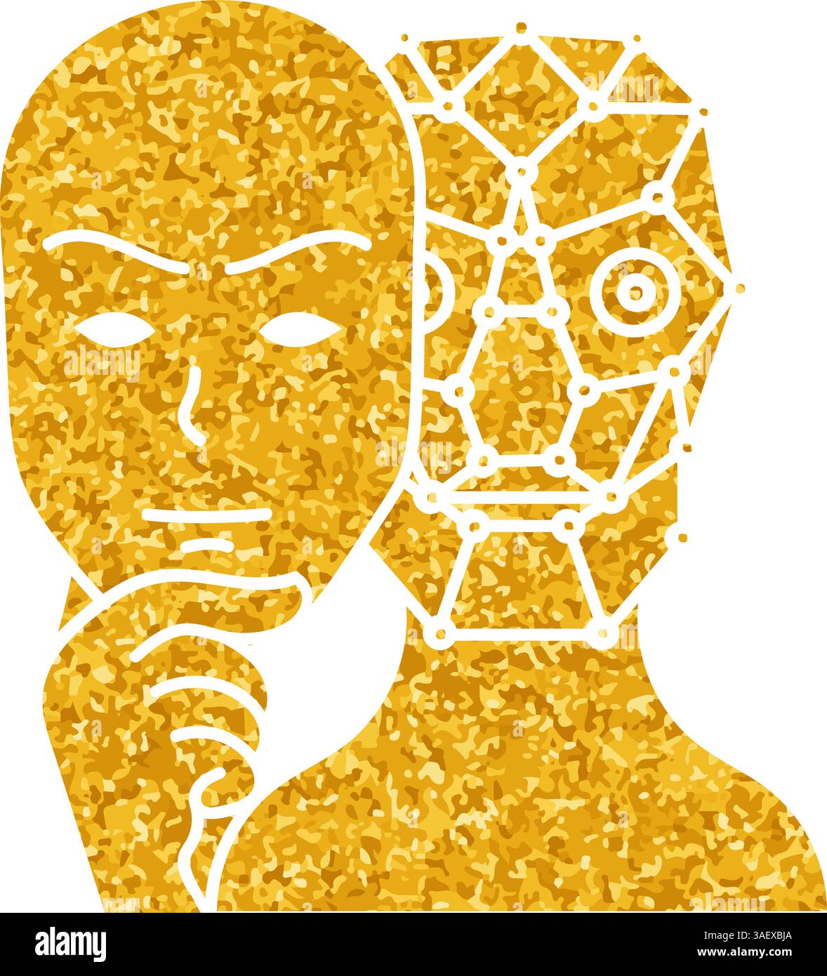 Deep fake concept robot wearing human face mask drawing in gold color ...
