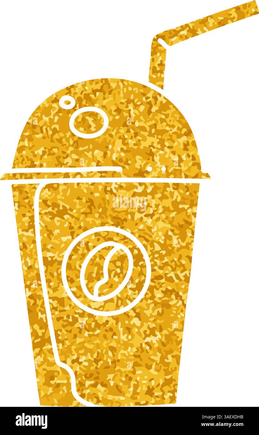 Coffee drink plastic cup with straw drawing in gold color style Stock ...