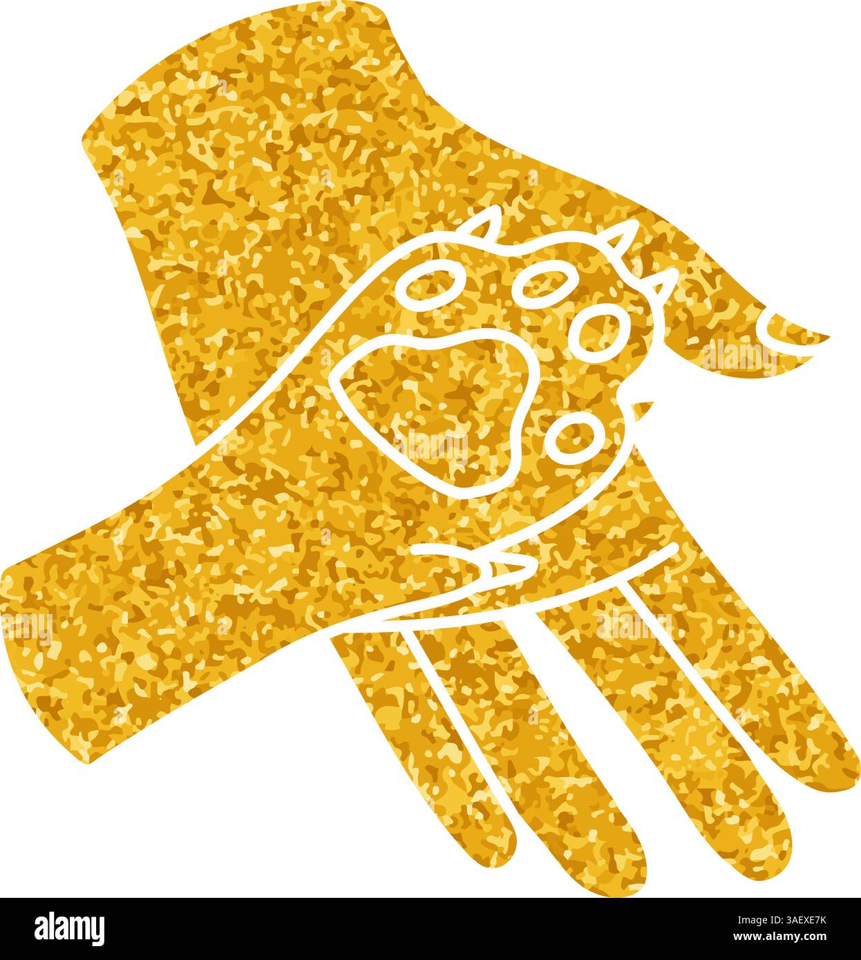 Animal care icon Dog paw and human palm drawing in gold color style ...