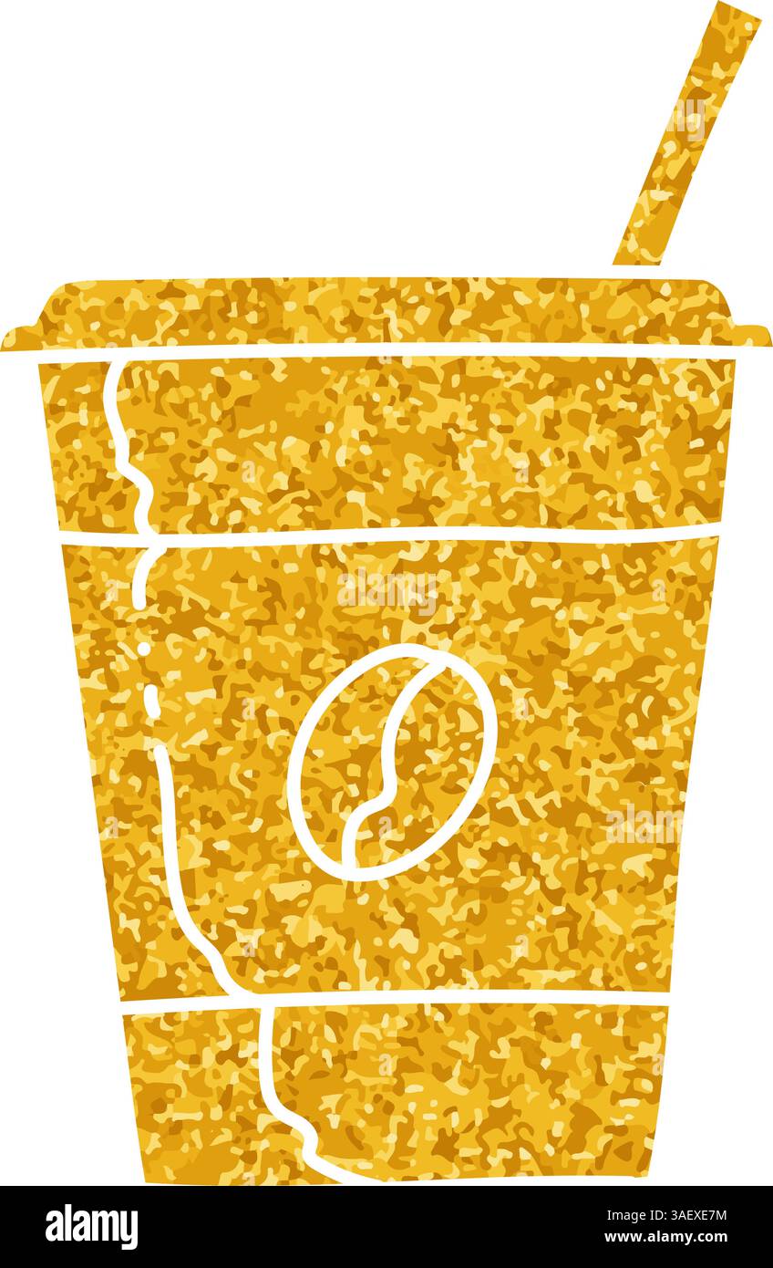 Coffee drink plastic cup with straw drawing in gold color style Stock ...