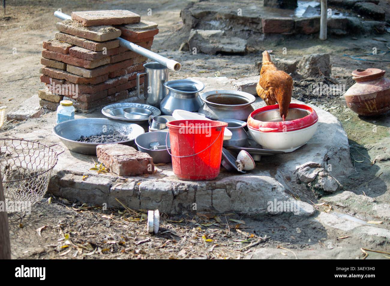 Rural Outdoor Kitchen Scene with Utensils, Water Buckets, and a Chicken ...