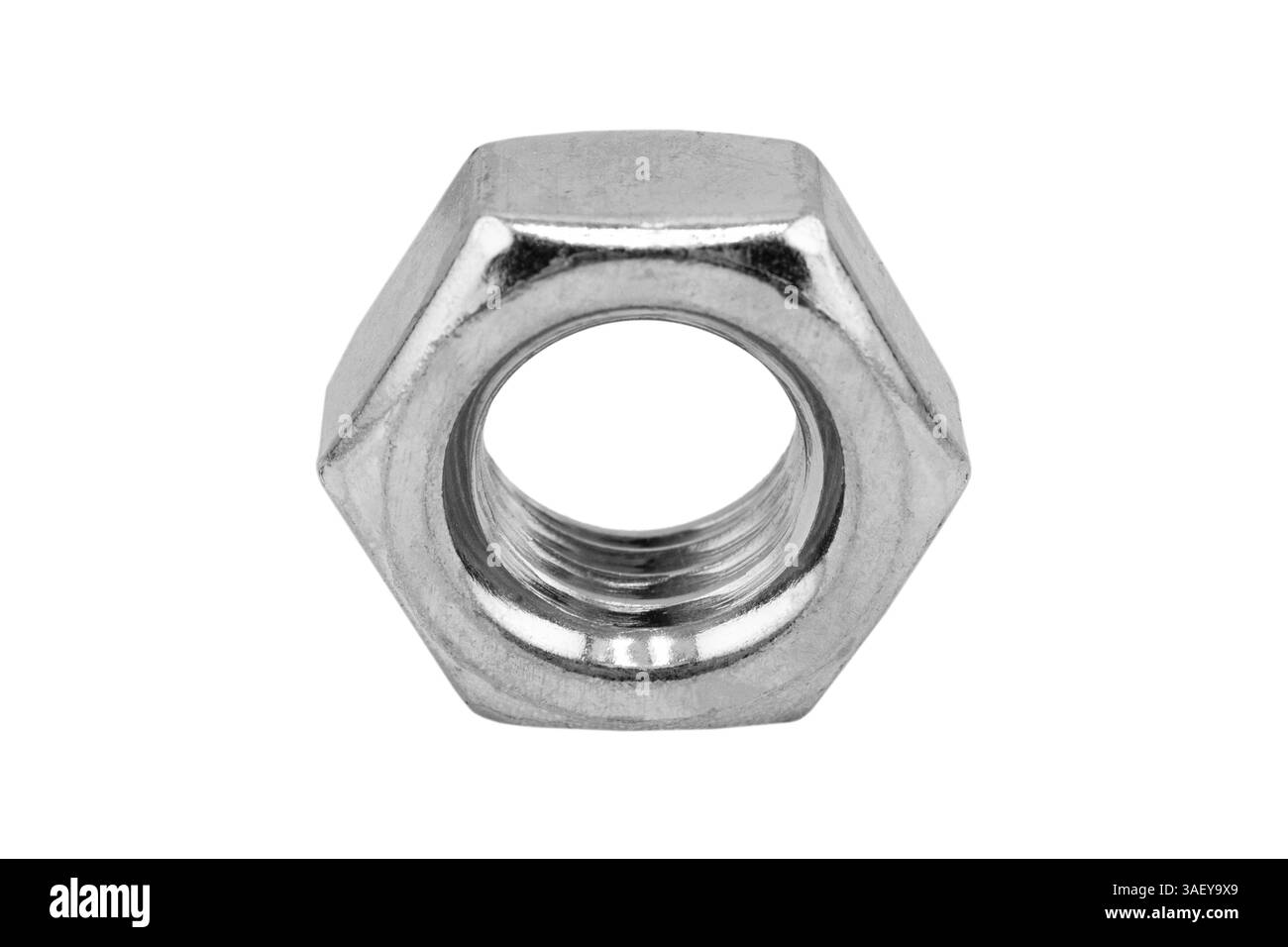 Macro shot metal nut isolated on white background. Chromed screw nut ...