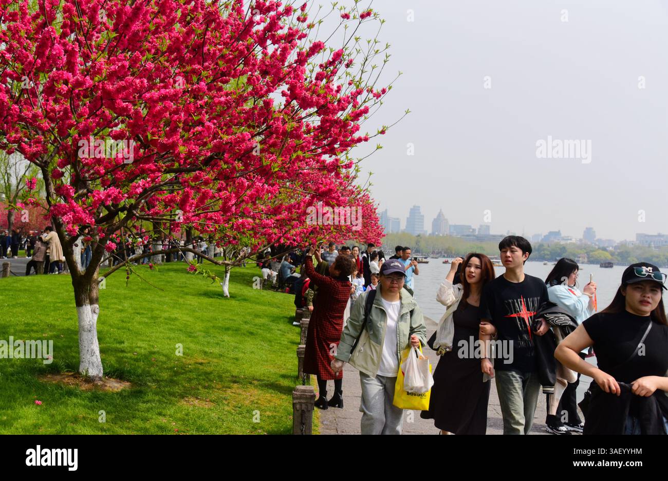 Tourists admire spring scenery at the West Lake scenic area in Hangzhou ...