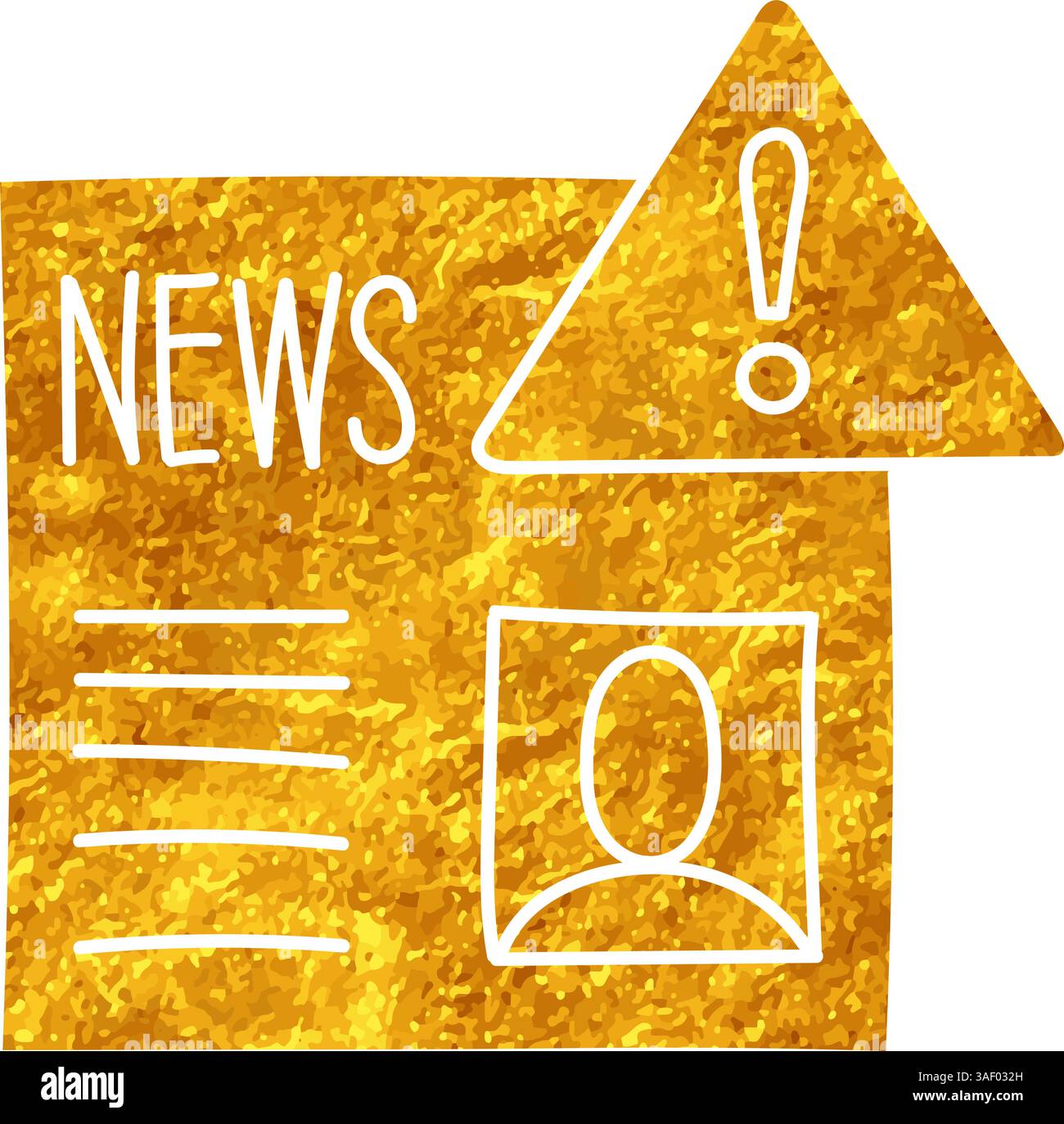 Fake news icon news paper with warning sign drawing in gold color style ...