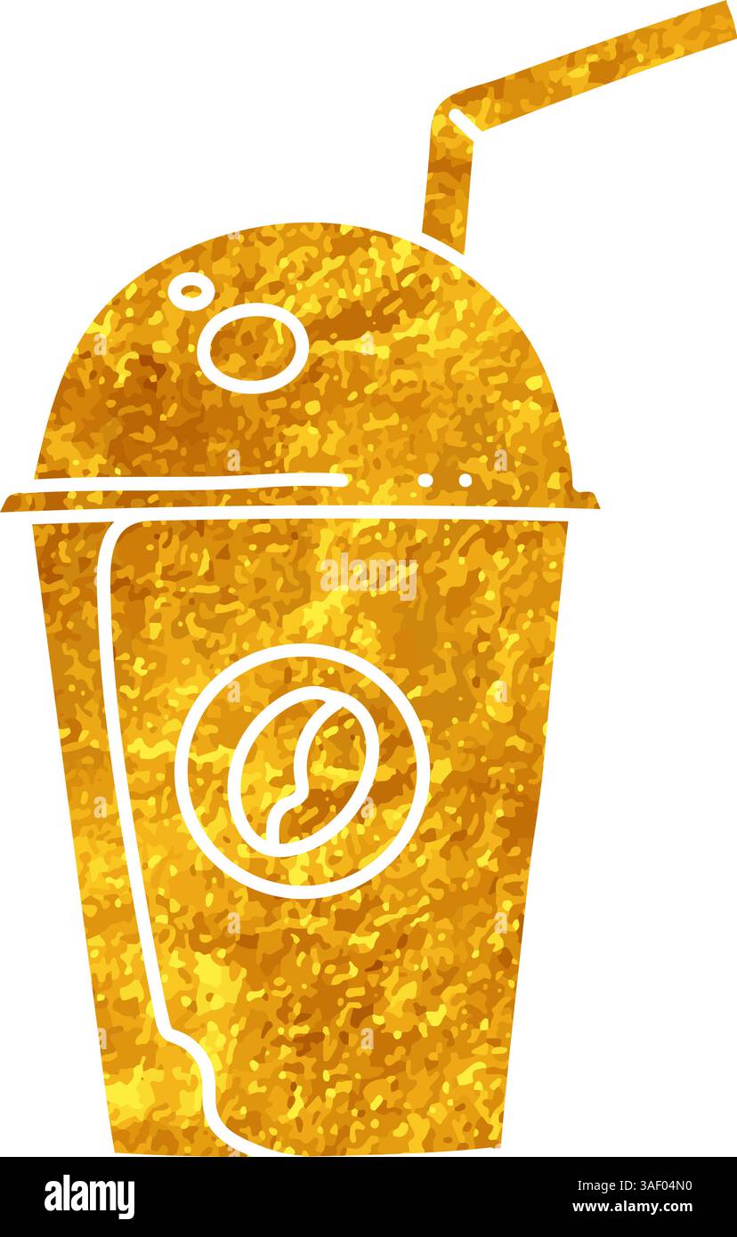 Coffee drink plastic cup with straw drawing in gold color style Stock ...