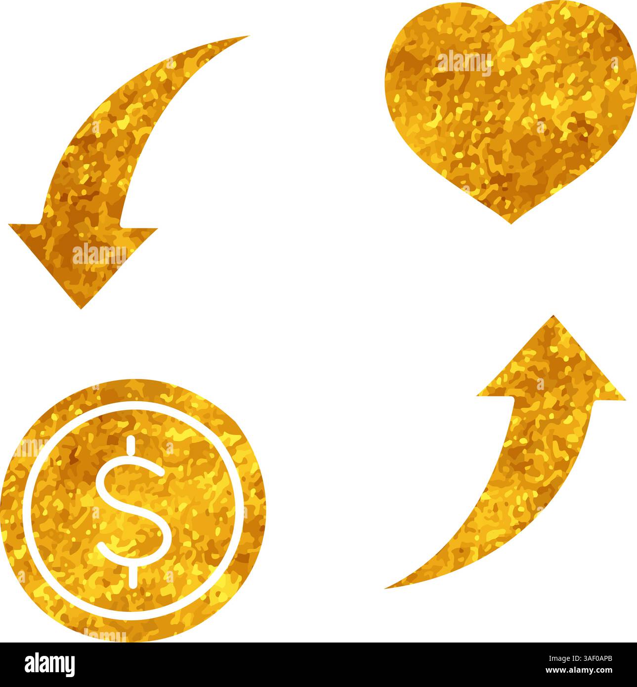 Coin and heart shape and rotating arrows drawing in gold color style ...
