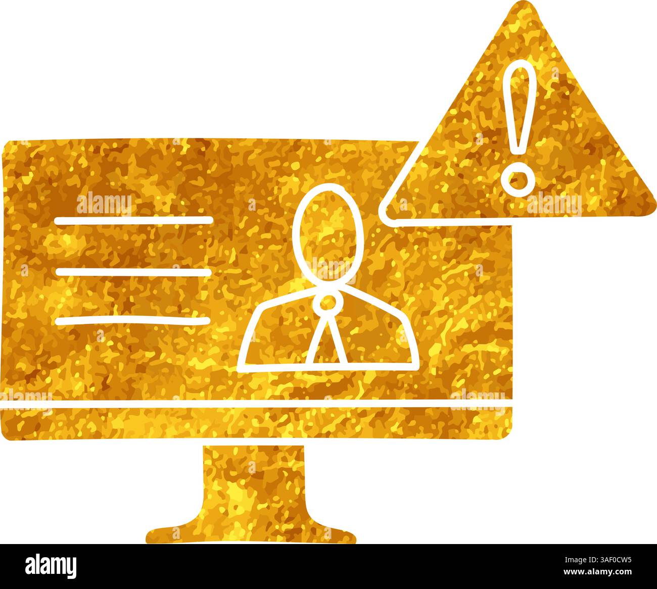 Fake news warning icon computer monitor with sign drawing in gold color ...