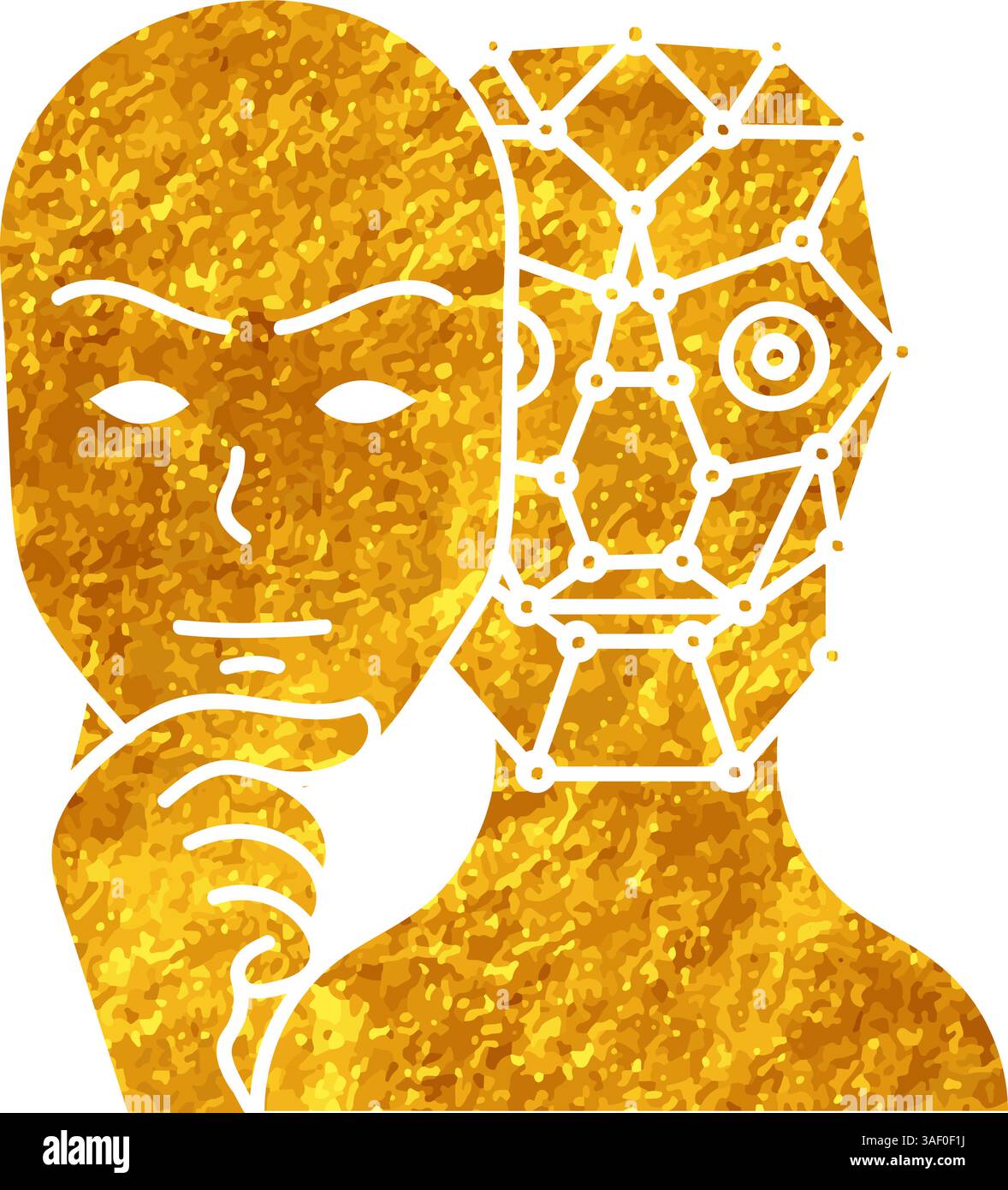 Deep fake concept robot wearing human face mask drawing in gold color ...