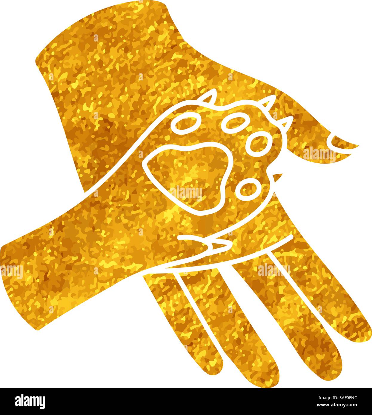 Animal care icon Dog paw and human palm drawing in gold color style ...