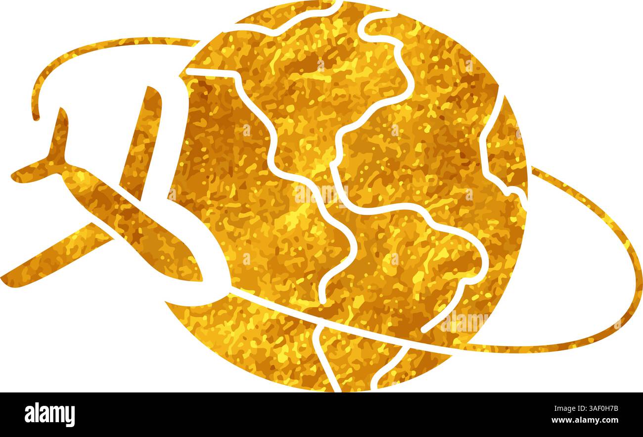 Airplane orbiting earth drawing in gold color style Stock Vector Image ...