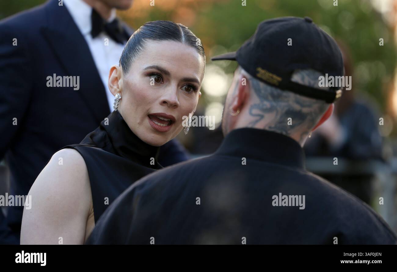 Hayley Atwell and Jamie Lloyd attend The Olivier Awards 2025 at The ...