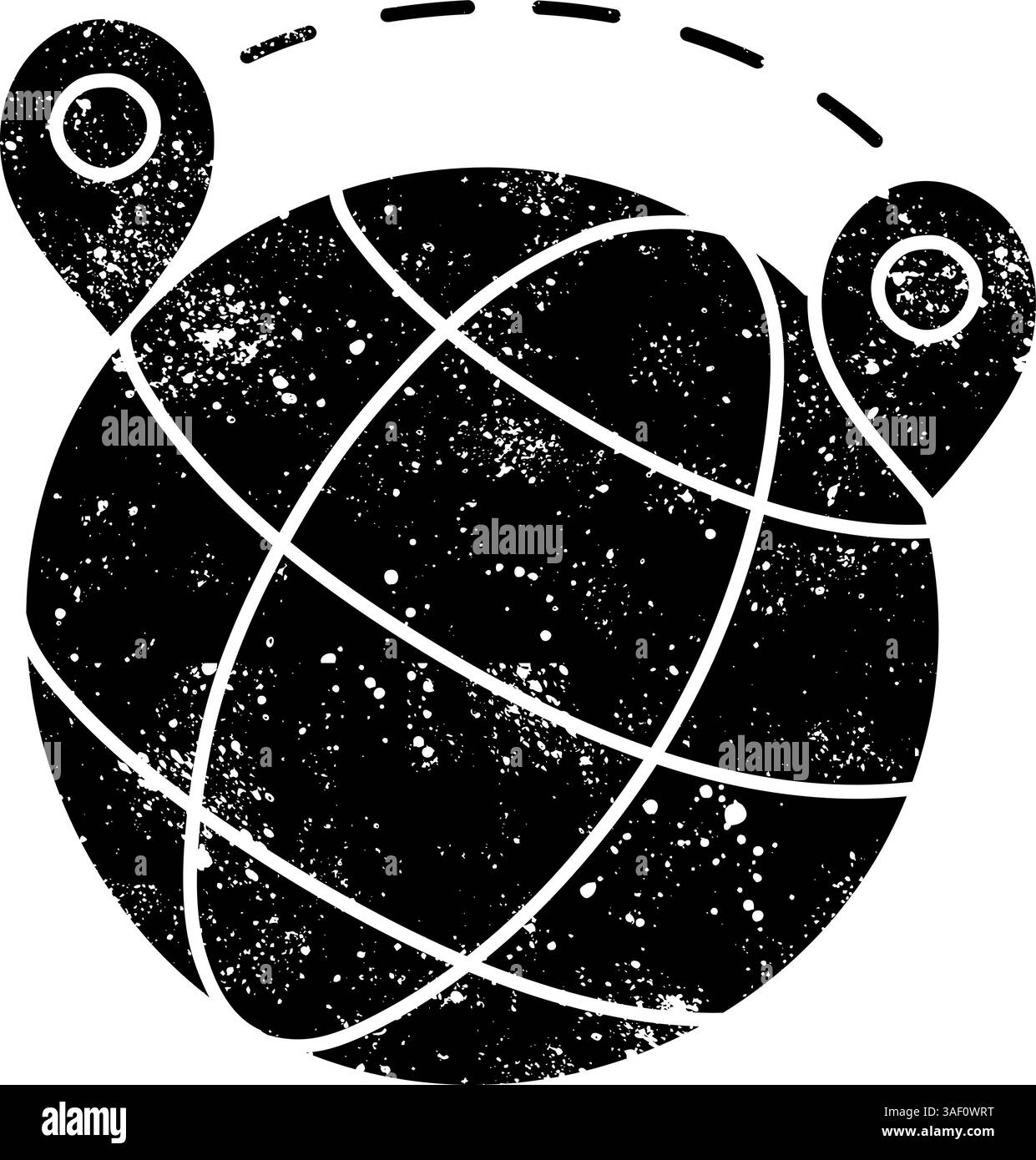 black hand drawn icon in grunge look map pin route on globe icon Stock ...